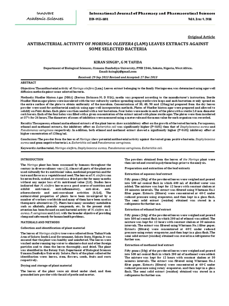 Antibacterial Activity of Moringa Oleifera (Lam) Leaves Extracts Against Some Selected Bacteria ...