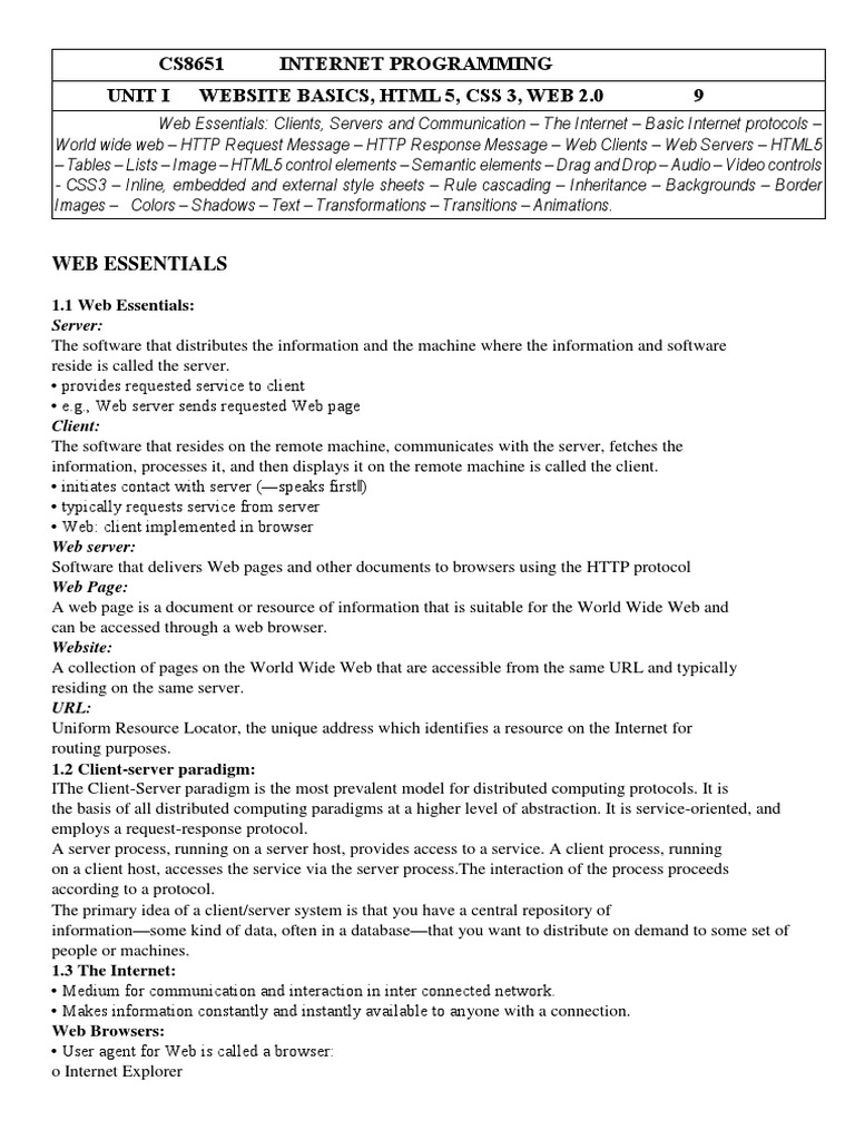 Cs8651 Internet Programming Unit I Website Basics Html 5 Css 3 Web 2