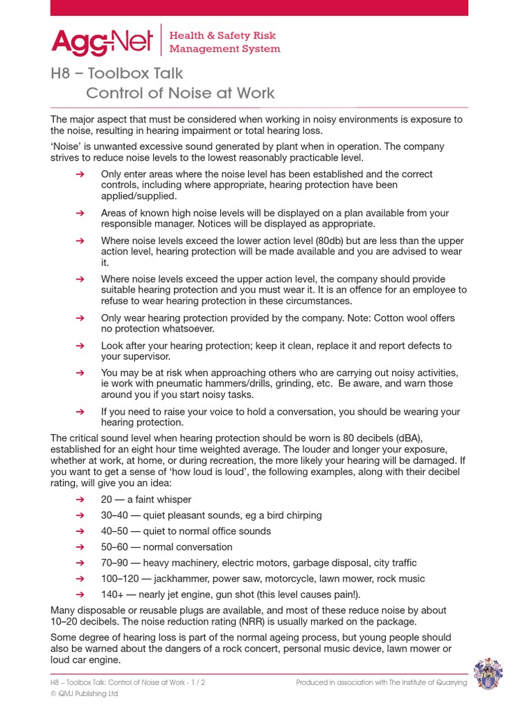 Toolbox Talk - Control of Noise at Work | PDF | Noise | Occupational ...
