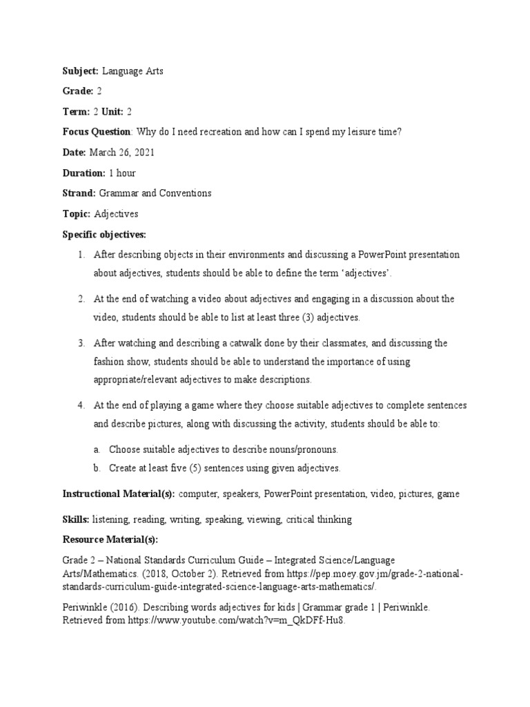 Adjectives Lesson Plan | PDF | Adjective | Noun