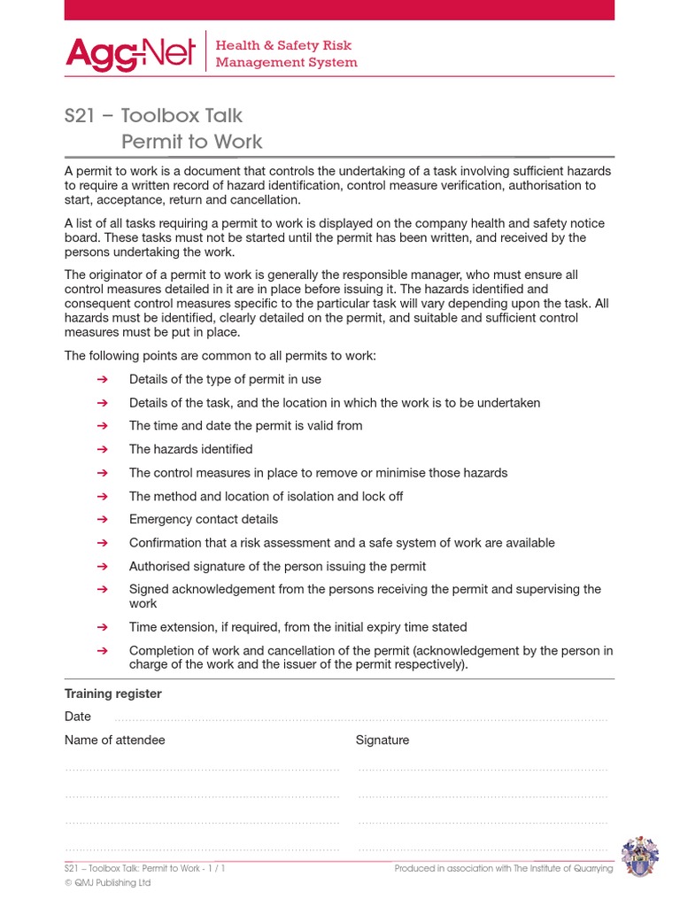 Toolbox Talk - Permit To Work | PDF | Occupational Safety And Health ...
