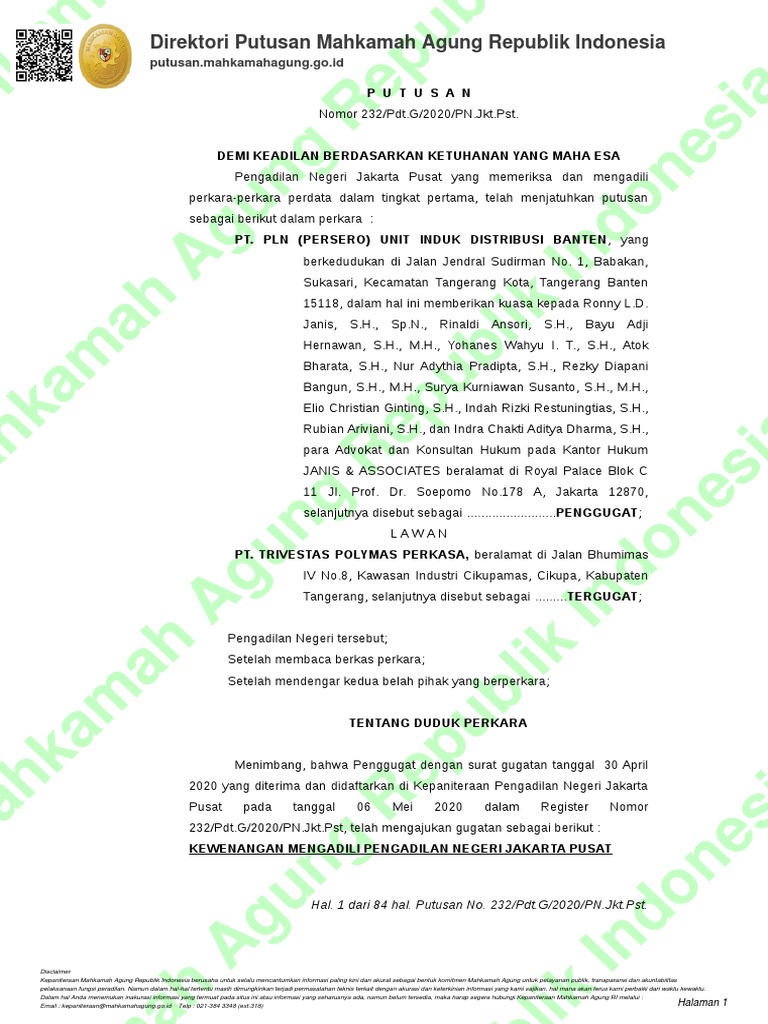 Putusan Perdata PLN vs Trivesta 2020 | PDF