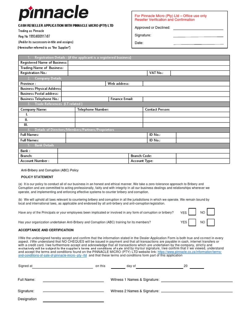 Pinnacle - Pinnacle Cash Dealer Application (Domestic) | PDF ...