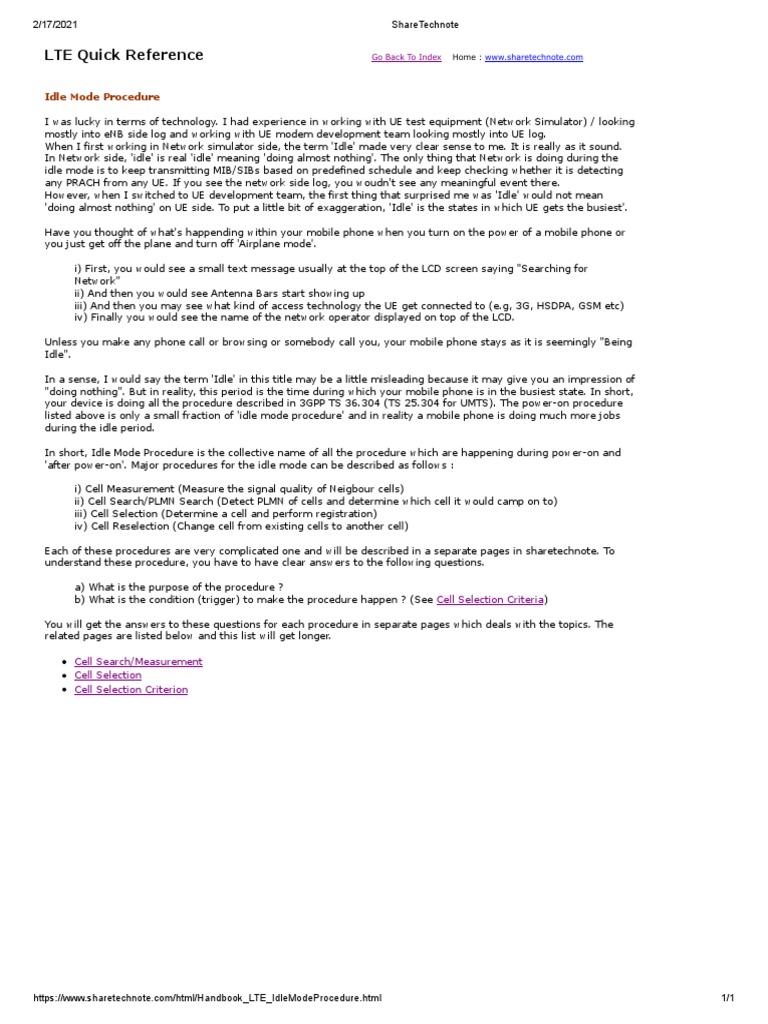 LTE Quick Reference: Idle Mode Procedure | PDF | Communication | Telecommunications