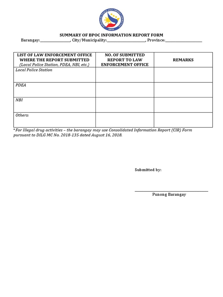 Summary of Bpoc Information Report Form: (Local Police Station, PDEA ...