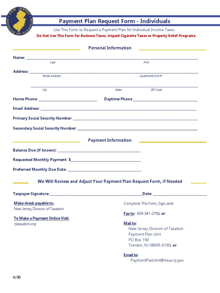 Payment Plan Request Form - Individuals: Personal Information | PDF ...