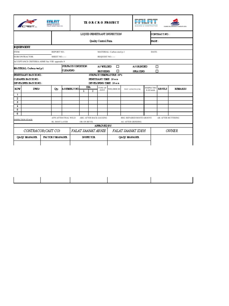 Tz.O.R.C R.O. Project: Liquid Penetrant Inspection Quality Control Form ...