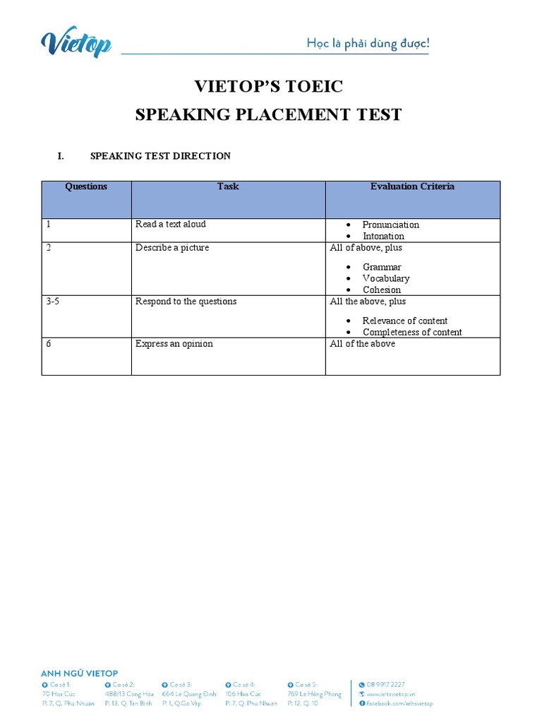 TOEIC Speaking Placement Test | PDF | Test (Assessment) | Question