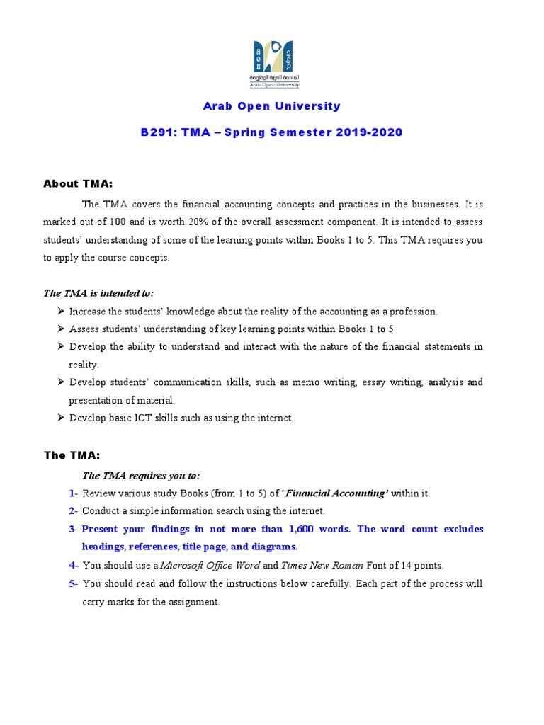 Arab Open University B291: TMA - Spring Semester 2019-2020: The TMA Is ...