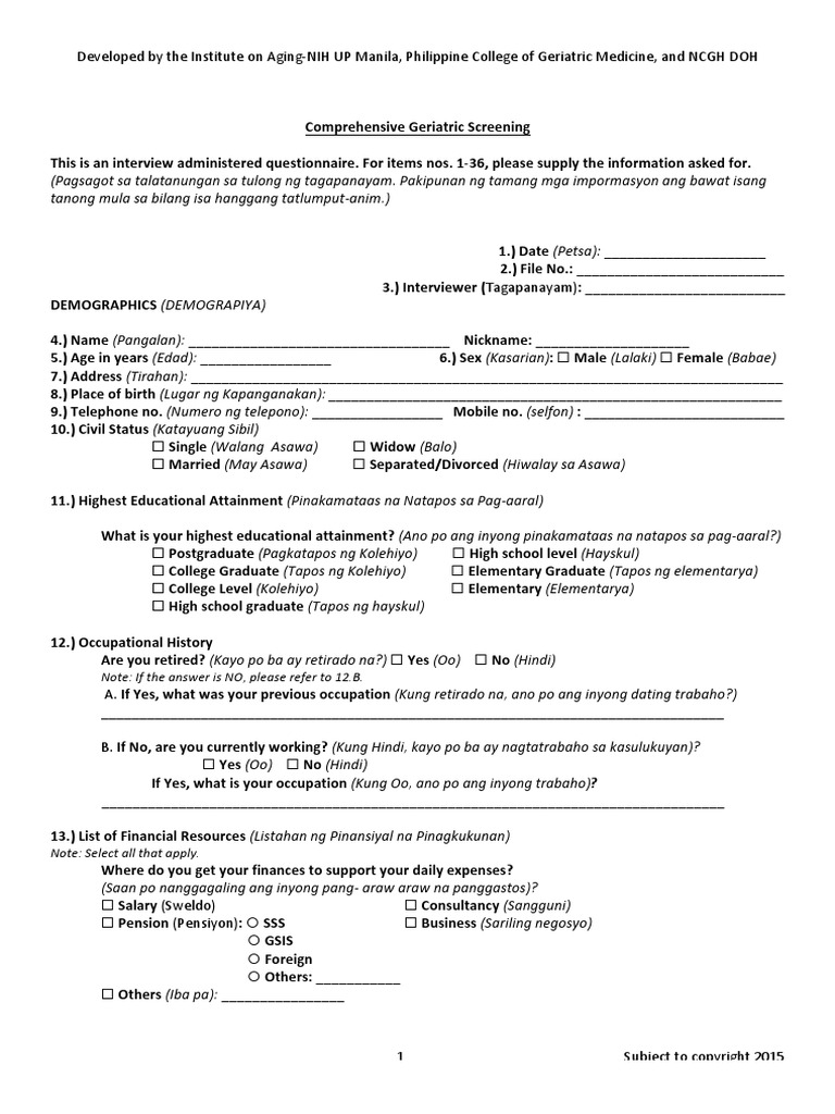 Comprehensive Geriatric Assessment Form | PDF | Medicine | Medical ...