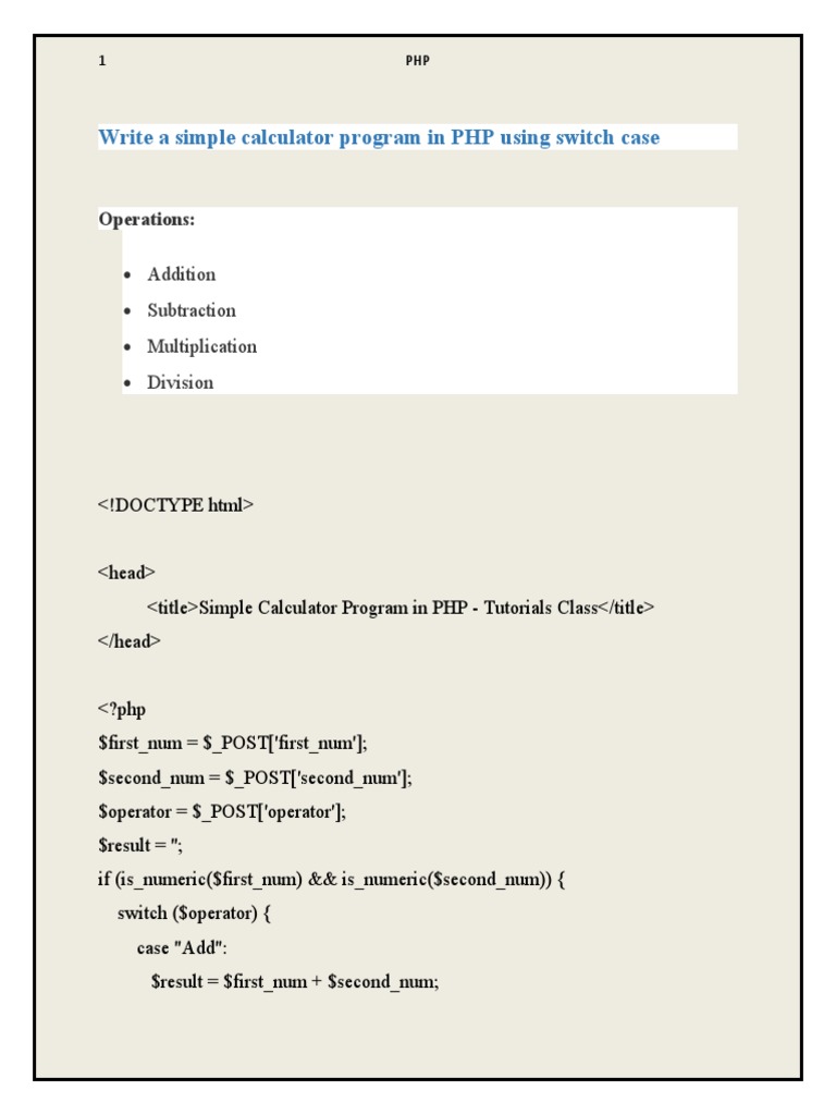 Write A Simple Calculator Program in PHP Using Switch Case | PDF