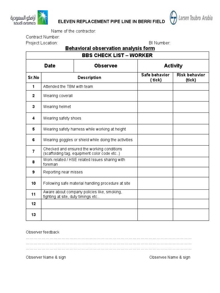 Behavioral Observation Analysis Form Bbs Check List - Worker Date ...
