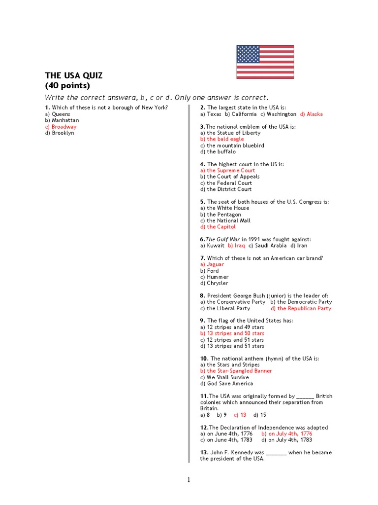The Usa Quiz (40 Points) : Write The Correct Answera, B, C or D. Only ...