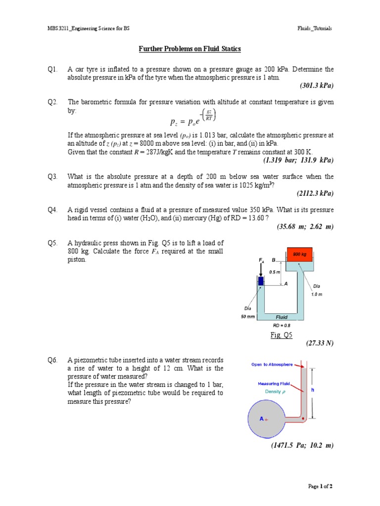 Further Problems On Fluid Statics | PDF | Pressure Measurement | Pressure