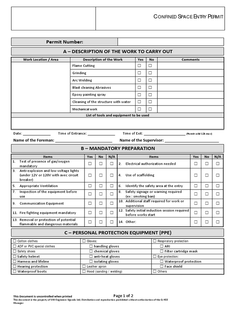 Confined Space Entry Permit | PDF | Personal Protective Equipment | Safety