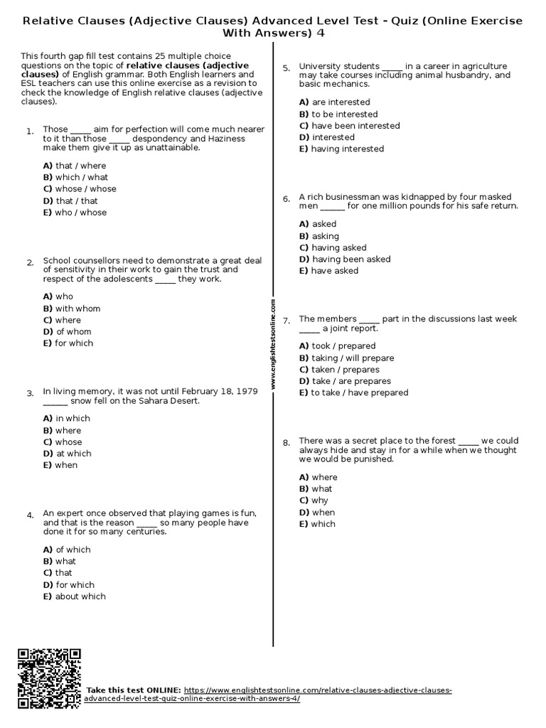 Relative Clauses (Adjective Clauses) Advanced Level Test - Quiz (Online ...