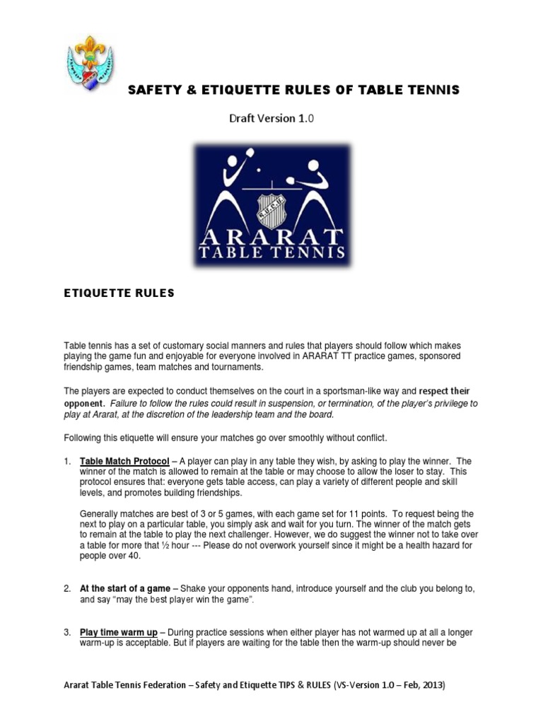 Safety and Etiquette Rules of Table Tennis Versioan 1.0 | PDF | Table ...