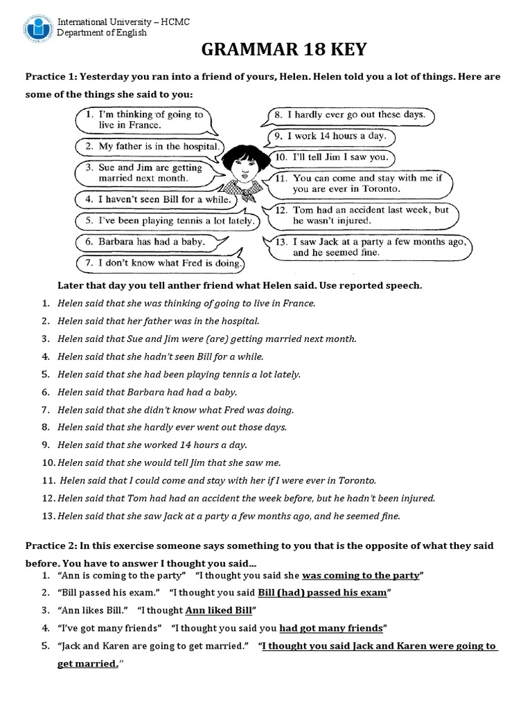 Grammar 18 Key: International University - HCMC Department of English | PDF