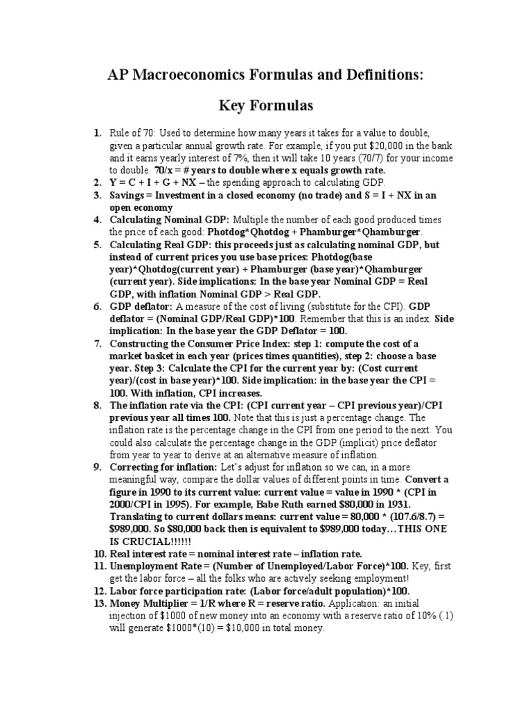 AP Macroeconomics Formulas and Definitions: Key Formulas | PDF | Money ...