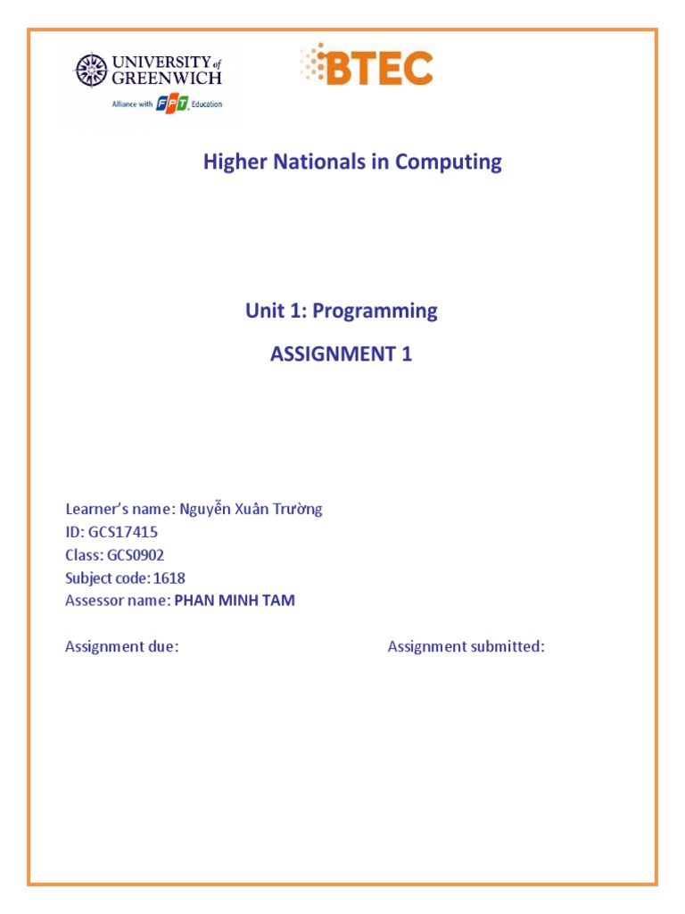 Higher Nationals in Computing: Unit 1: Programming Assignment 1 | PDF ...