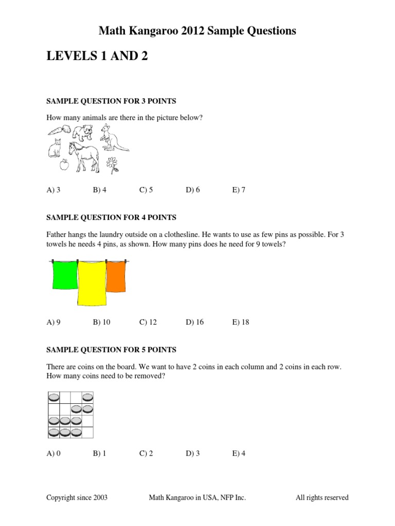 Levels 1 and 2: Math Kangaroo 2012 Sample Questions | PDF | Euclidean ...