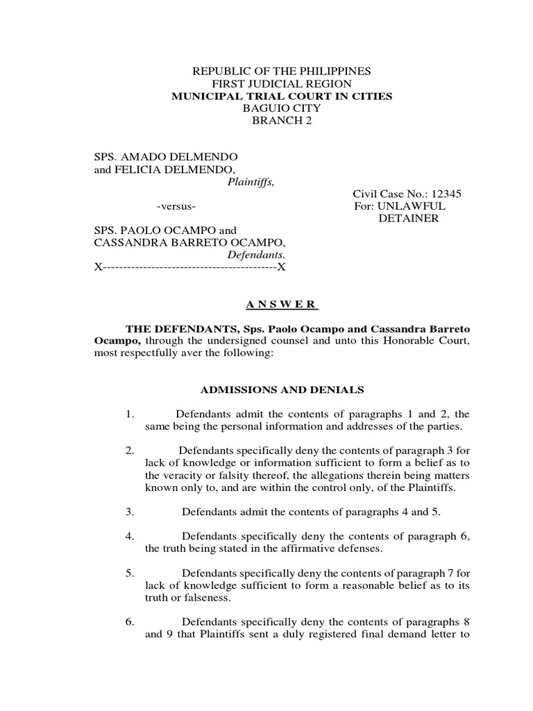 Answer To Unlawful Detainer Complaint | PDF | Lawsuit | Lease