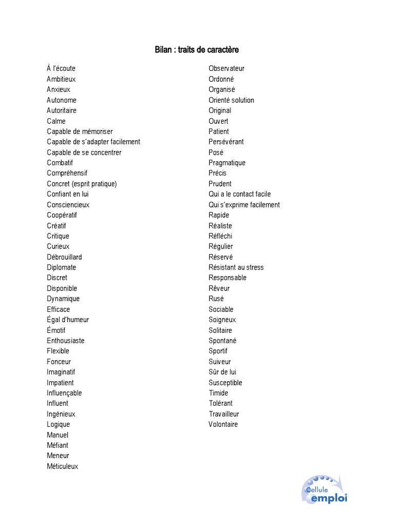 Liste de Traits de Caractere | PDF