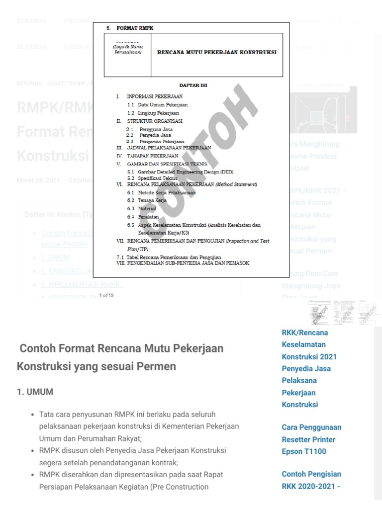 2 RMPK - RMK 2021 - Contoh Format Rencana Mutu Pekerjaan Konstruksi Yang Sesuai Permen | PDF ...