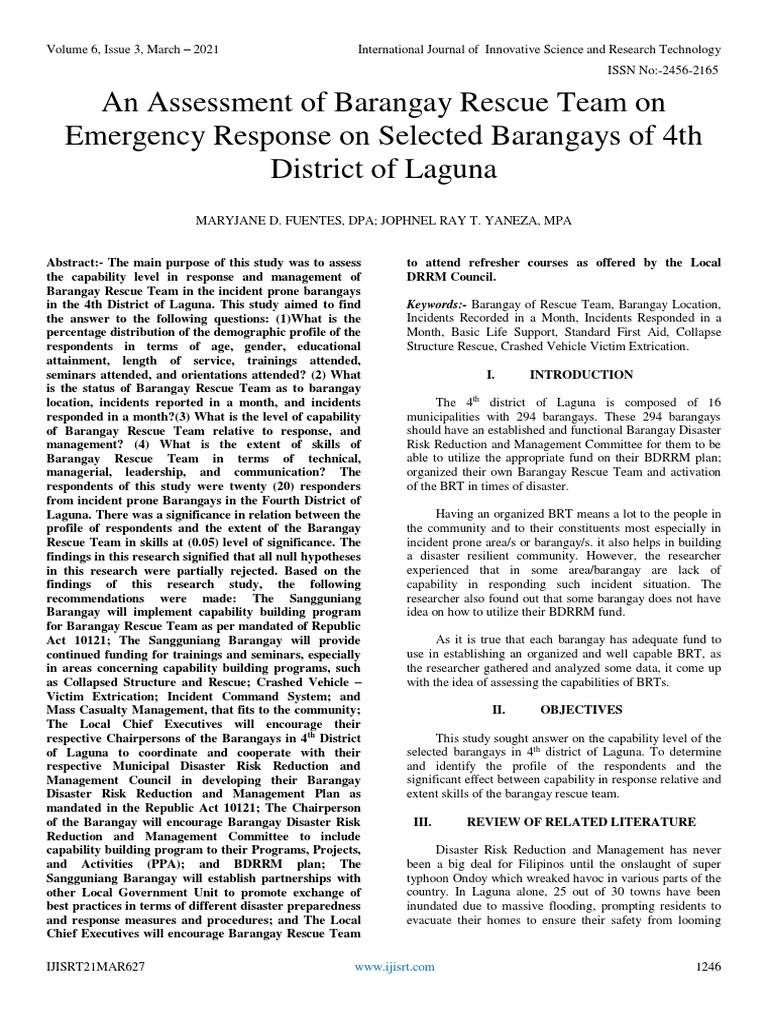 An Assessment of Barangay Rescue Team On Emergency Response On Selected ...