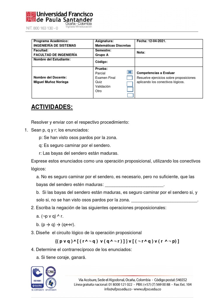 Primer Parcial Matematicas Discretas Pdf Proposición Expresiones
