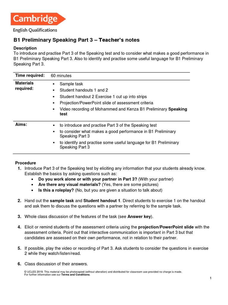 B1 Preliminary Speaking Part 3 - Teacher's Notes | PDF | Test ...
