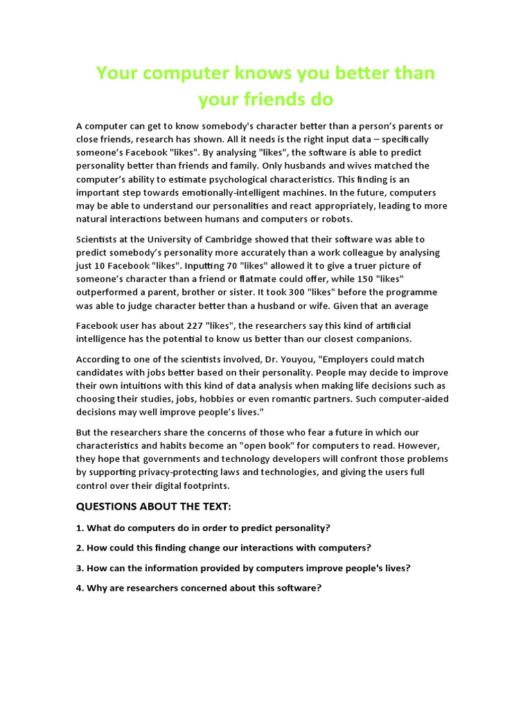 Your Computer Knows You Better Than Your Friends Do Pdf Computers