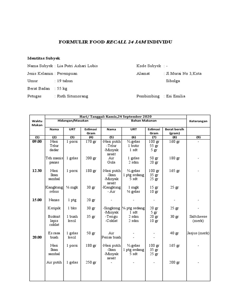 Formulir Food Recall 24 Jam Individu | PDF