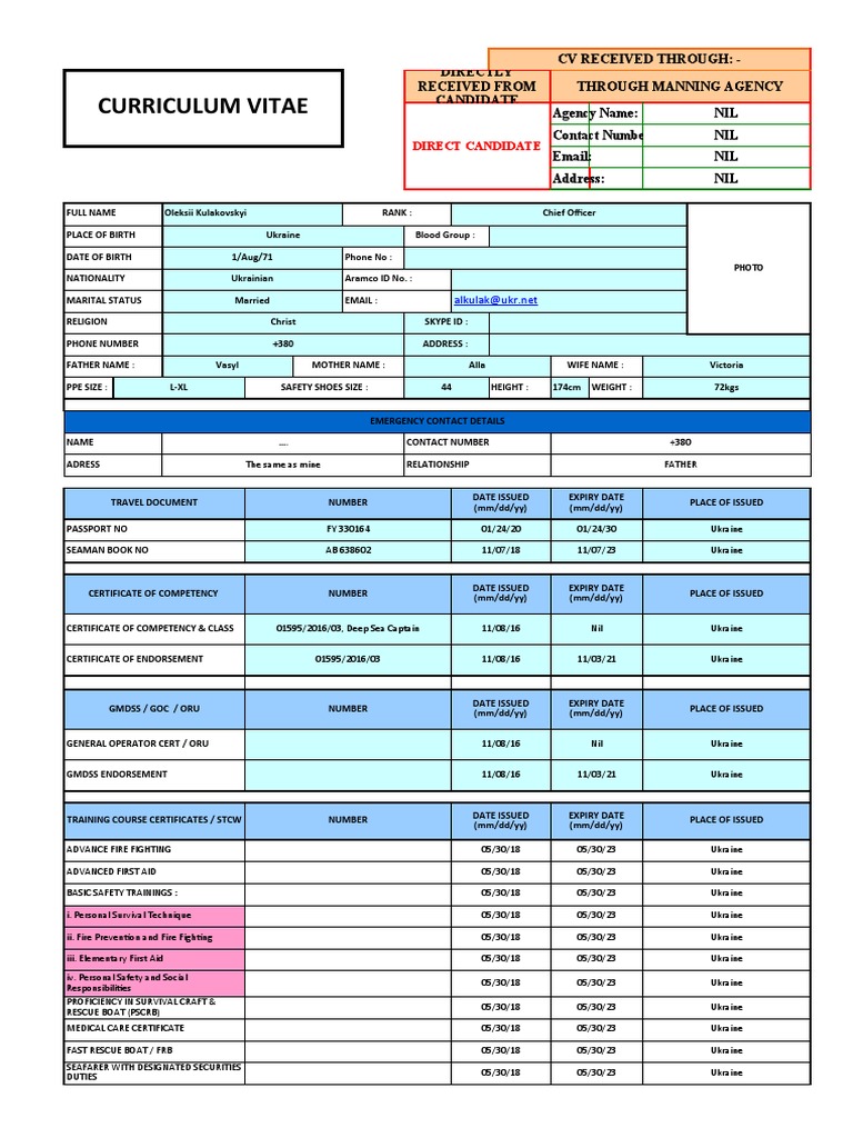 HHMSCO CV Format - (Name of Officer) | PDF | Shipping | Water Transport
