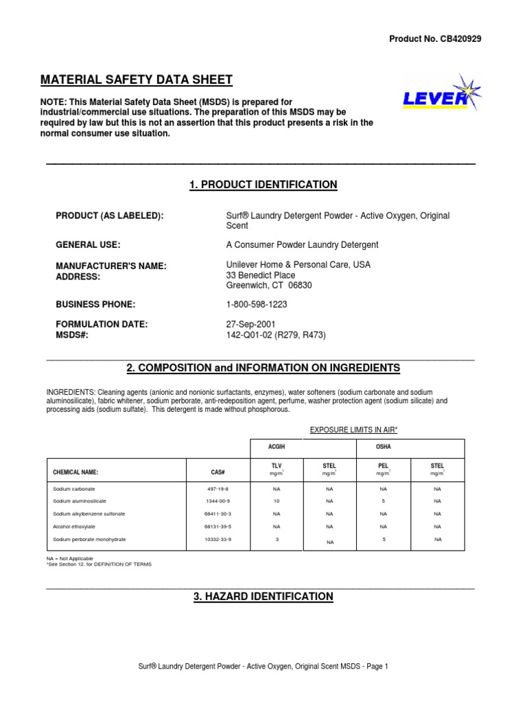 Material Safety Data Sheet: 1. Product Identification | PDF | Dangerous ...