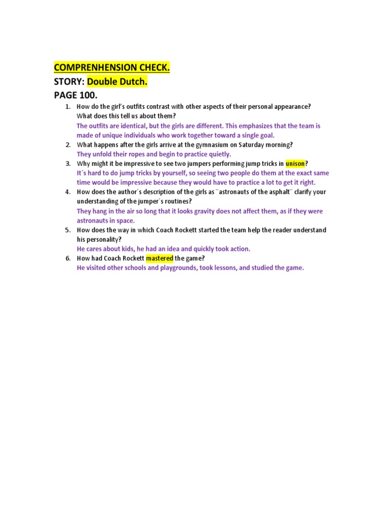 Double Dutch Comprehension Questions | PDF | Language Arts & Discipline ...