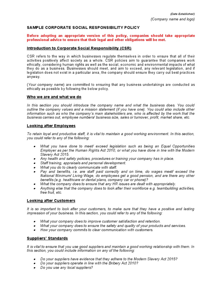 Sample Corporate Social Responsibility Policy | PDF | Corporate Social Responsibility | Employment