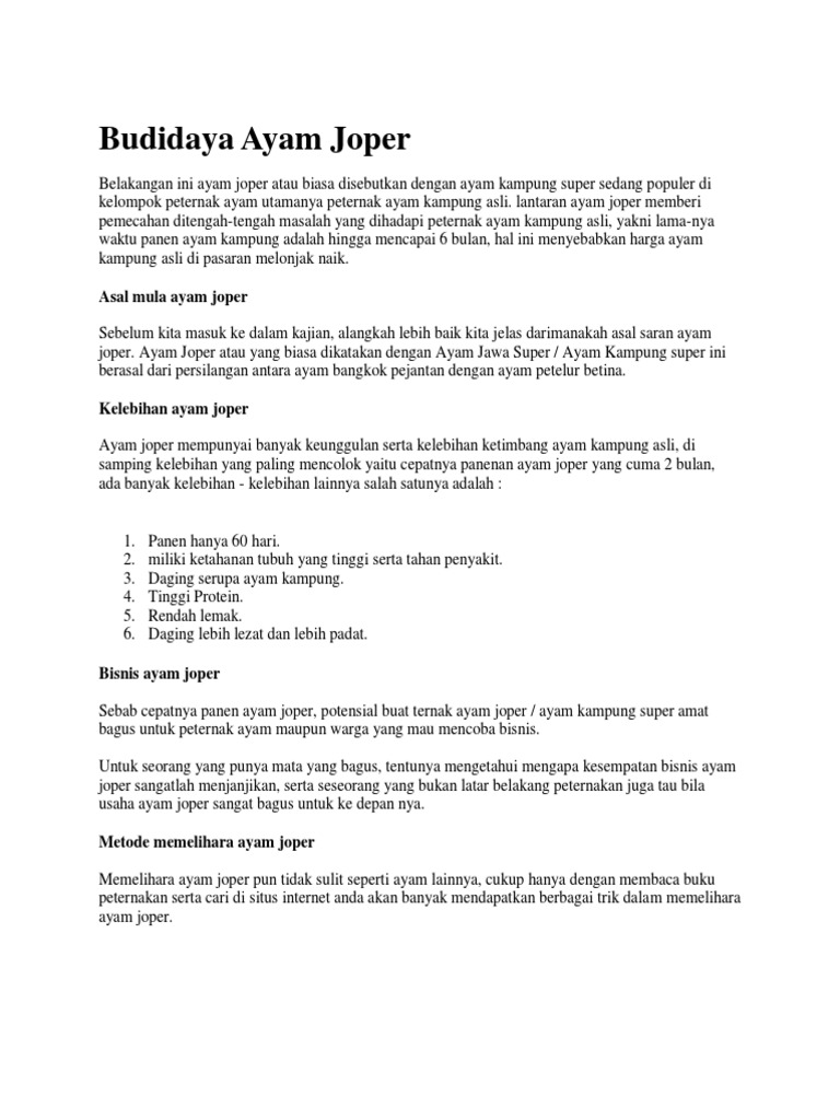 Budidaya Ayam Joper | PDF