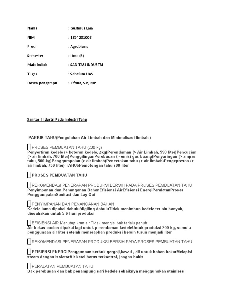 Sanitasi Industri Pada Industri Tahu | PDF