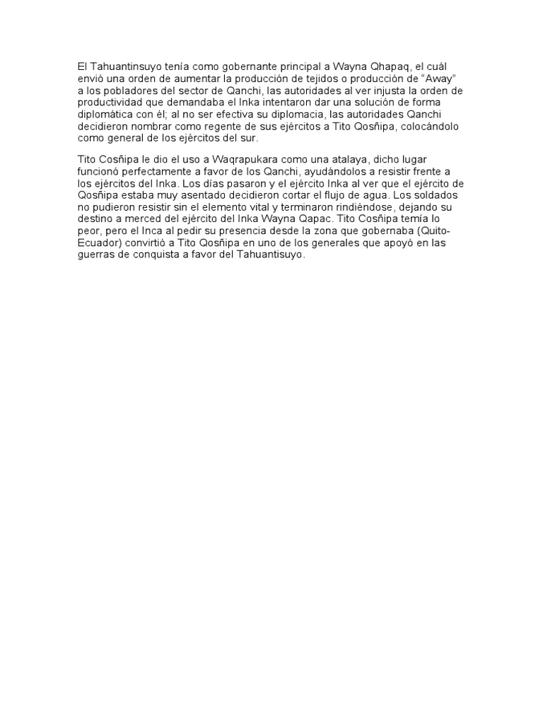 El Tahuantinsuyo Tenía Como Gobernante Principal A Wayna Qhapaq | PDF