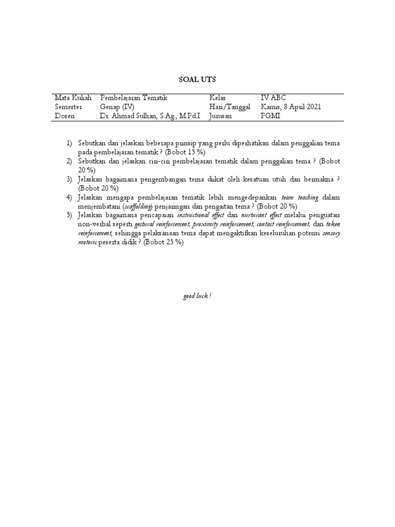 SOAL UTS Pembelajaran Tematik | PDF