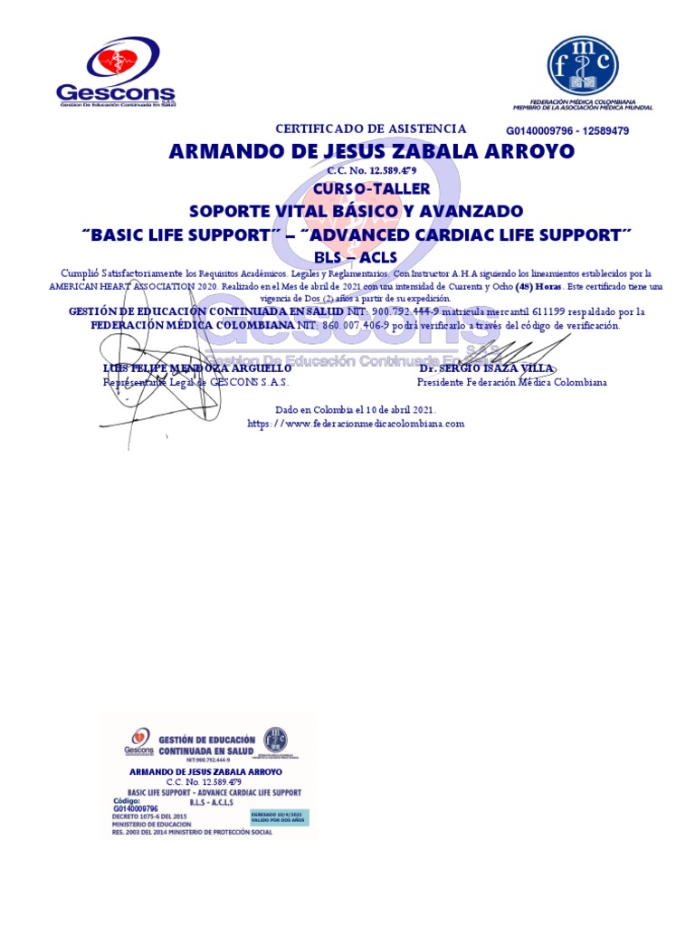 Certificado BLS-ACLS Armando Zabala | PDF