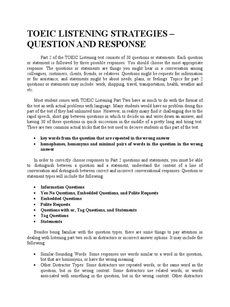 Toeic Listening Strategies - Question and Response: Answer | PDF ...