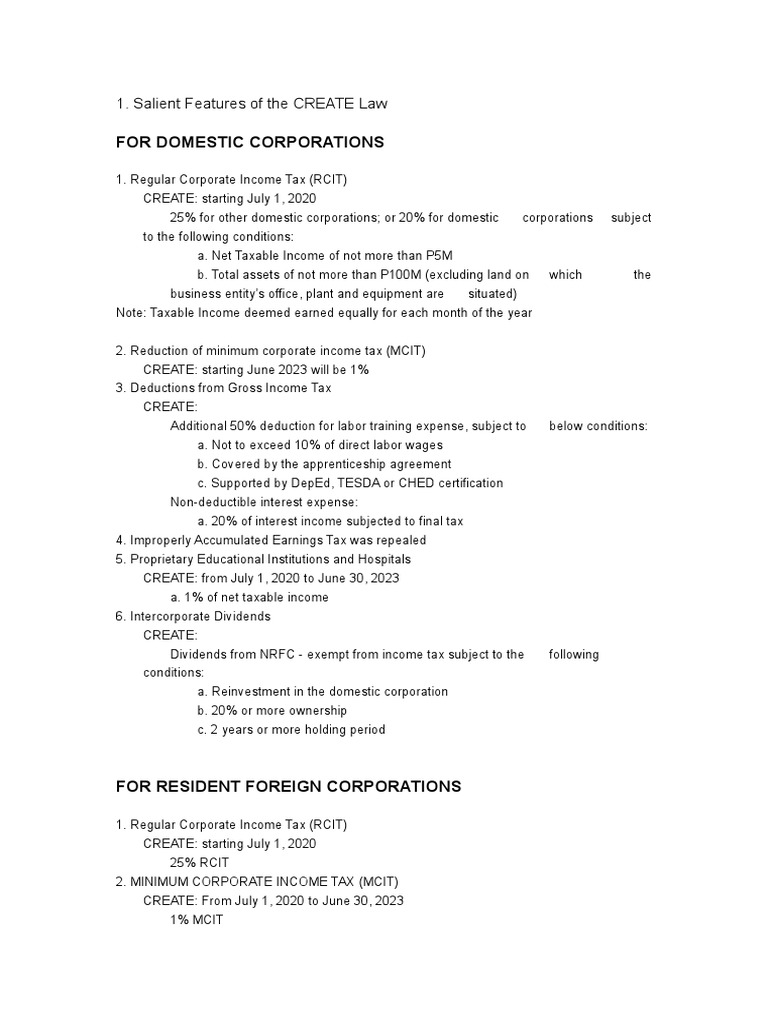 For Domestic Corporations: 1. Salient Features of The CREATE Law | PDF ...