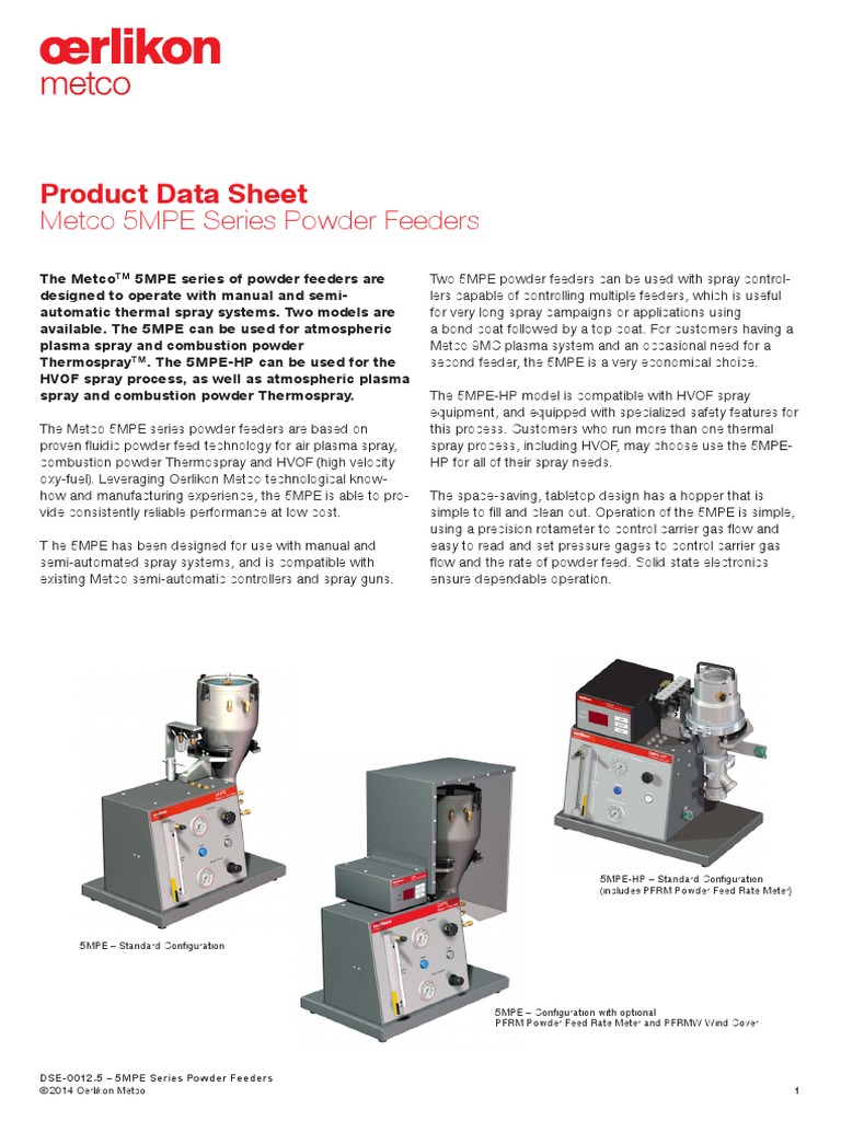 Product Data Sheet Metco 5MPE Series Powder Feeders | PDF | Chemistry ...
