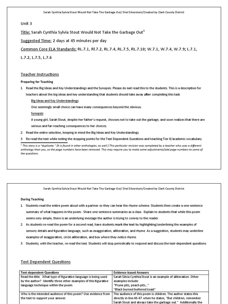 Teaching "Sarah Cynthia Sylvia Stout" Poem | PDF | Word | Adolescence