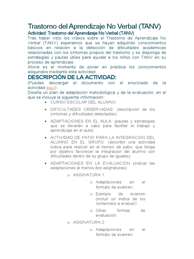 Trastorno Del Aprendizaje No Verbal | PDF | Evaluación | Prueba (evaluación)