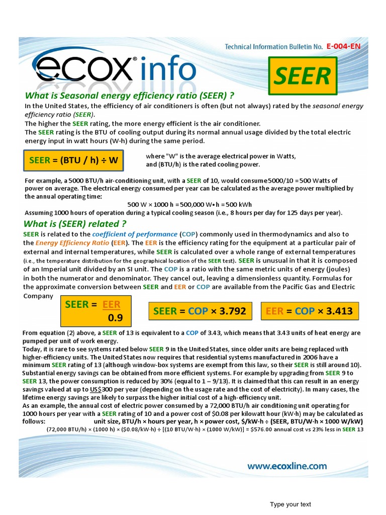 What Is Seasonal Energy Efficiency Ratio (SEER) ?: (BTU / H) ÷ W | PDF ...