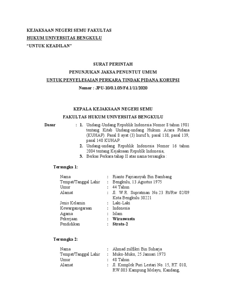 Surat Perintah Penunjukan Jaksa Penuntut Umum Utk Mengikuti PRKR PDN Korupsi | PDF