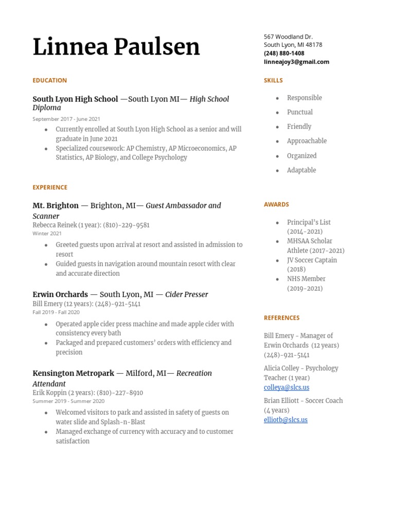 Linnea Paulsen: South Lyon High School - South Lyon MI - High School | PDF